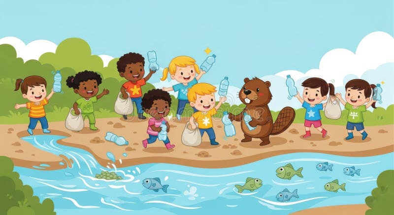 Kids Cleaning Up River with Beaver Friend Stock Illustration ...