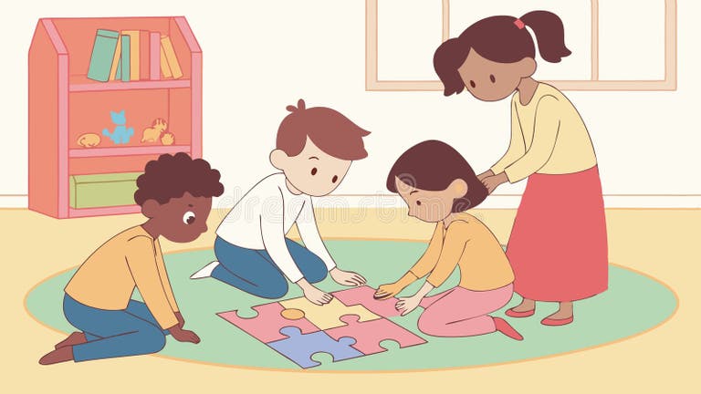 Children Collaborating on Group Project. Learning. Teamwork, Vector ...