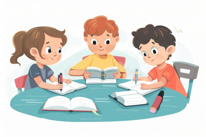 Children Collaborating in Group Study Stock Illustration - Illustration ...