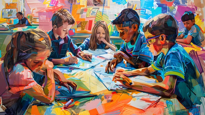 Children Collaboratively Create Artwork in Vibrant Classroom Setting ...
