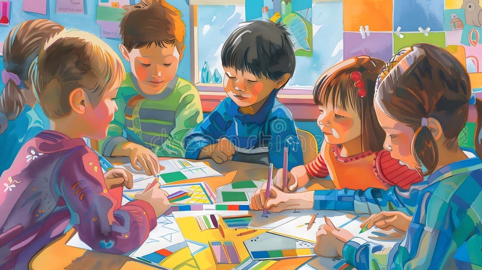 Children Collaboratively Create Colorful Art Projects in a Vibrant Classroom Setting, Developing ...