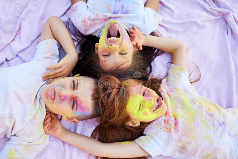 Children with Colored Powder Having Fun Outdoor. Stock Photo - Image of ...