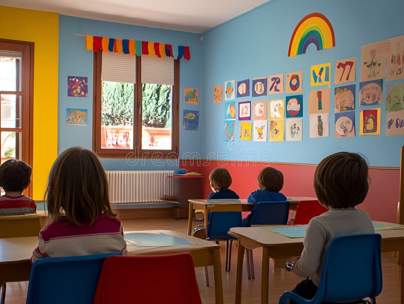 Children in a Colorful Classroom during a Learning Activity Stock Image ...