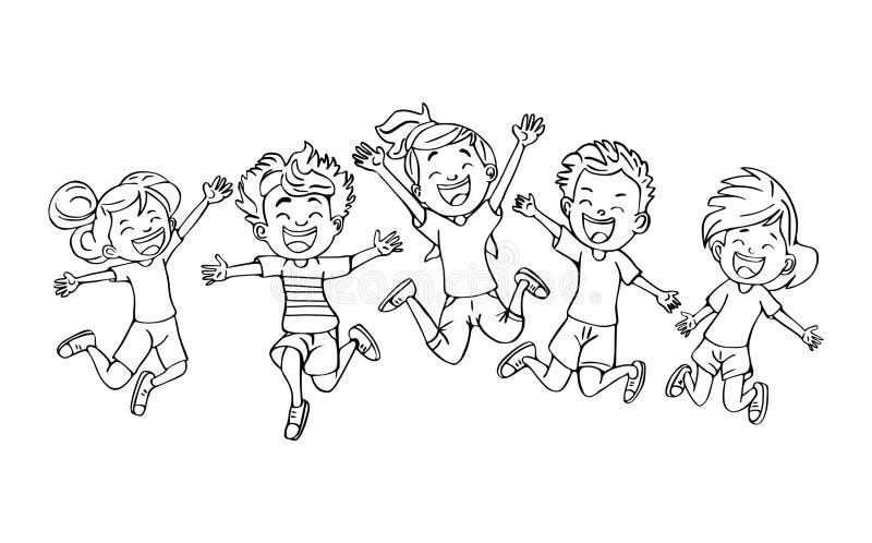 Happy Kids Jumping in the Park Coloring Book Stock Vector ...