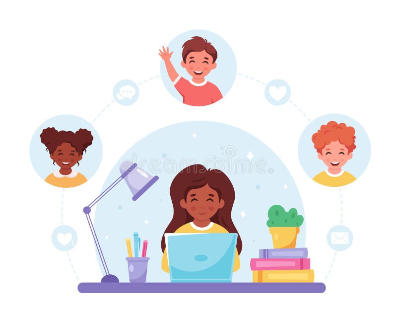 Children Communicating Online. Video Call with Friends, Chatting Online ...