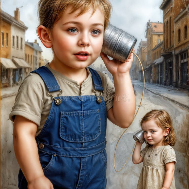 Children Communicating on a Tin Can Telephone Stock Illustration ...