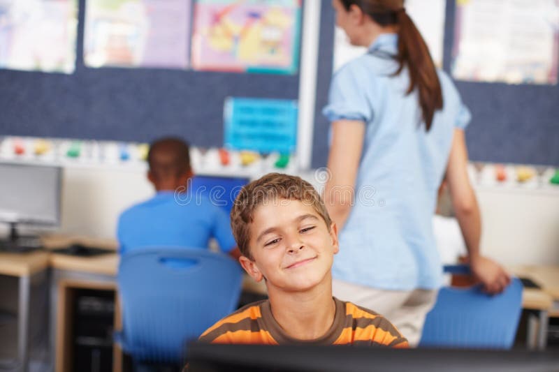Children, Computer and Education with Student Boy in Classroom of ...