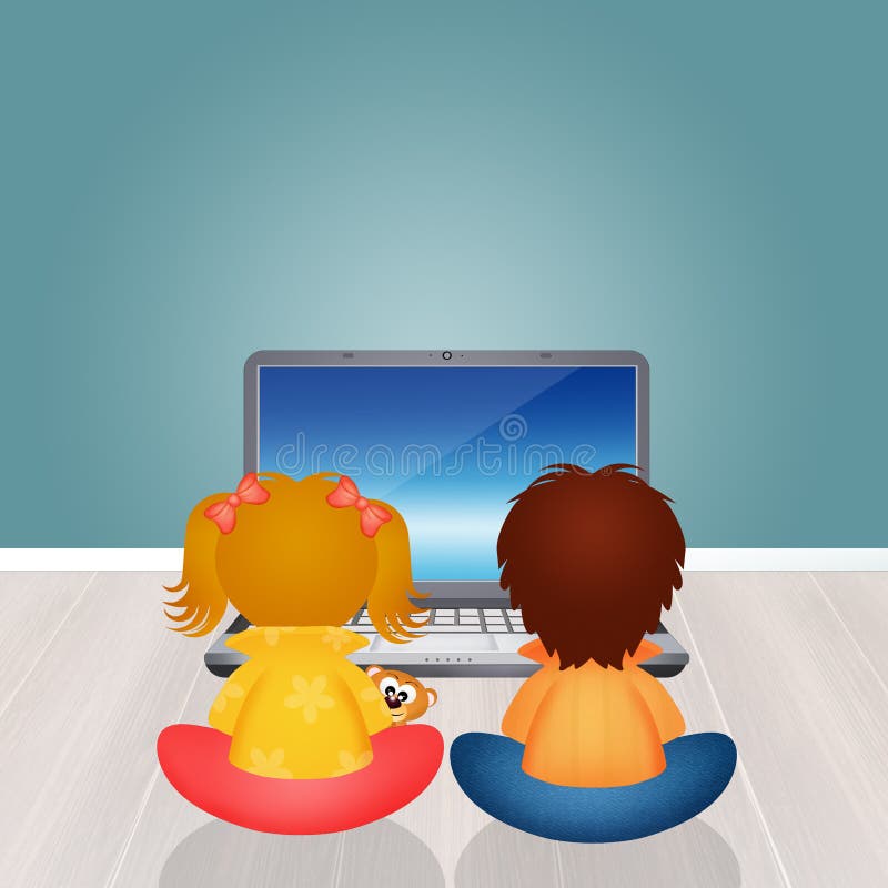 Children with a computer stock vector. Illustration of girls - 25963847