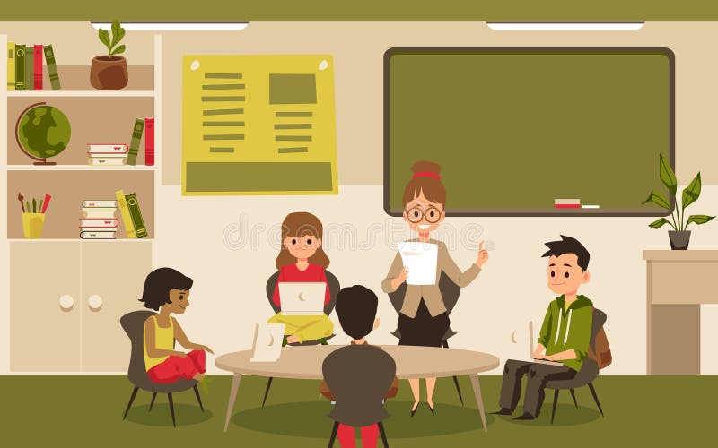 Children Computer Lesson with Kids Using Laptops Flat Vector ...