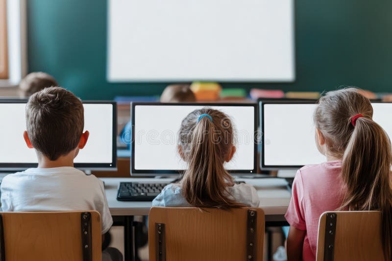 Back View of Focused Kids Using Computers in Classroom Setting Stock ...