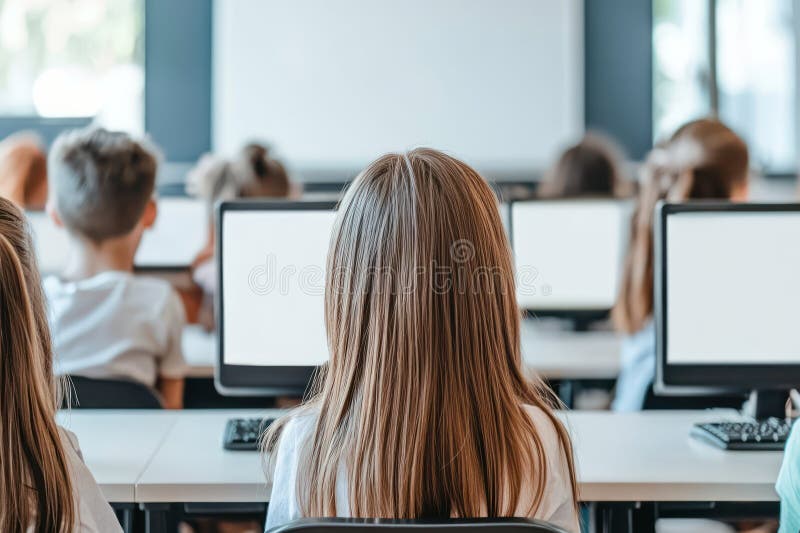 Back View of Focused Kids Using Computers in Classroom Setting Stock ...