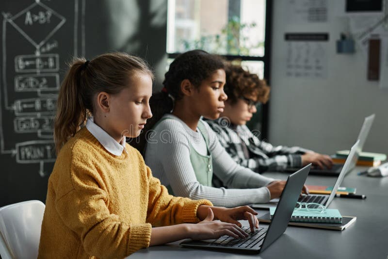 Children Concentrating on Online Work on Computers Stock Image - Image ...