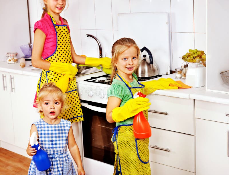 Children cleaning kitchen stock image. Image of gloves - 54278999