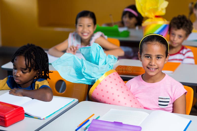 Children with Craft Work Sitting on Bench Stock Photo - Image of cute ...