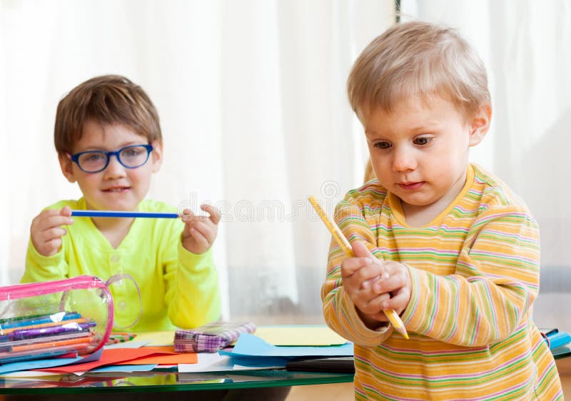 Children with crayons stock image. Image of pencil, nursery - 41600397