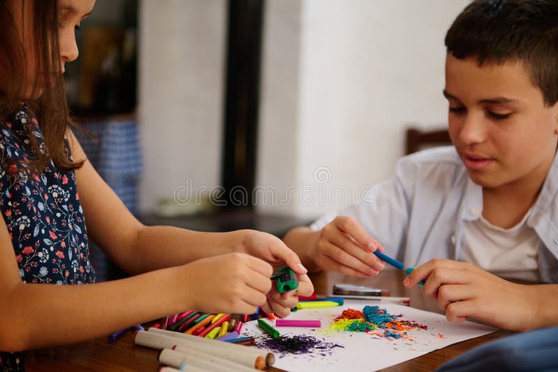 Children Creating Art with Crayons Stock Image - Image of markers ...