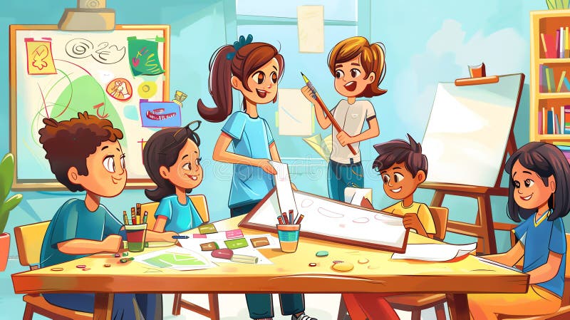 Children in a Creative Classroom Setting Working Together on an Art ...