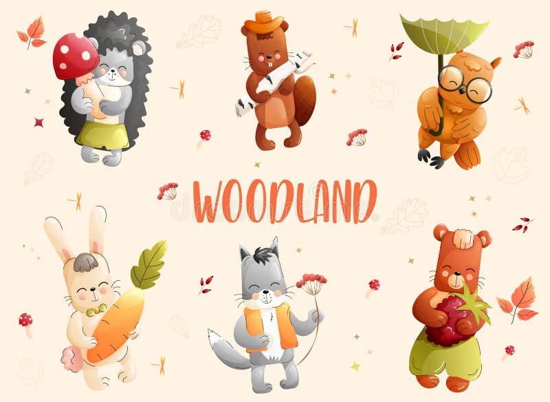 Children Cute Animals Set Featuring a Hedgehog, Beaver, Owl, Rabbit ...