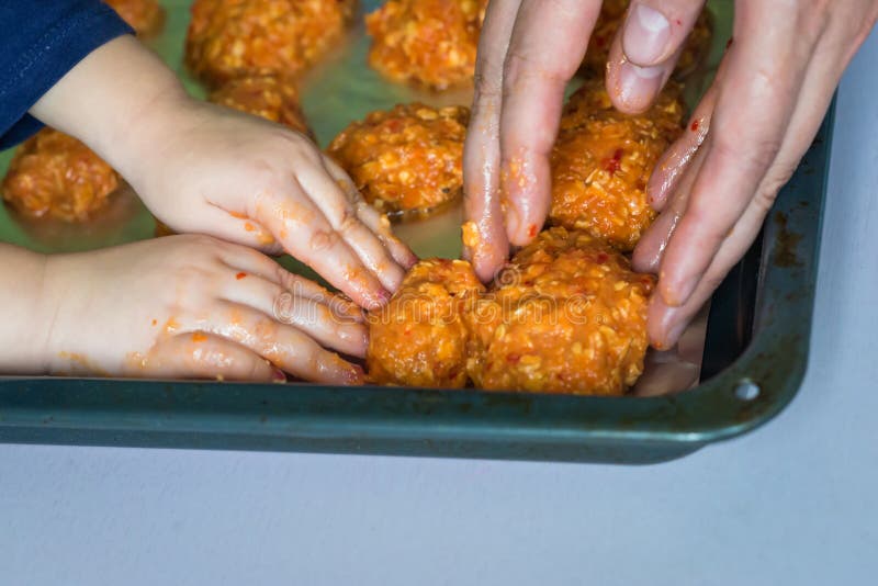Children and Dad Hands Put the Meatballs Stock Photo - Image of class ...