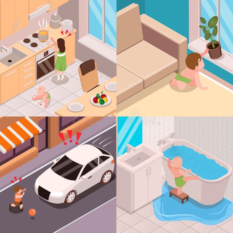 Children in Dangerous Situations 2x2 Design Concept Stock Illustration ...