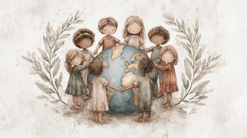 Children of Different Cultures Holding Hands Around a Globe Surrounded ...