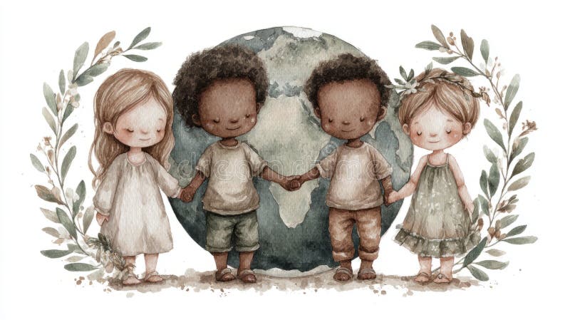 Children of Different Cultures Holding Hands Around a Globe Surrounded ...