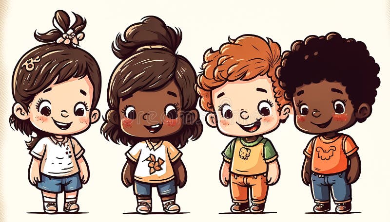 Cheerful Cartoon Standing Children in a Row on the White Background ...