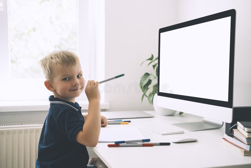 Kids Using Computer Online Technology To Art Creative, Drawing or ...