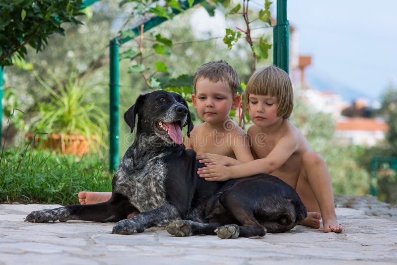 Children with dog stock photo. Image of happiness, animal - 27641952