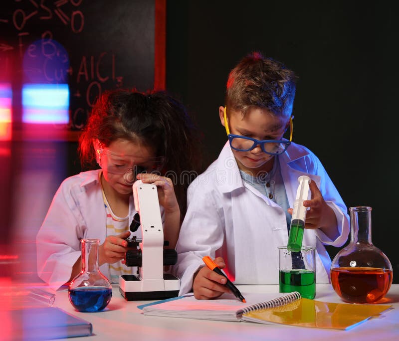 Children Doing Chemical Research. Dangerous Experiment Stock Image ...