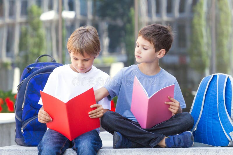 Children Doing Homework Outdoors. Stock Photo - Image of class, child ...