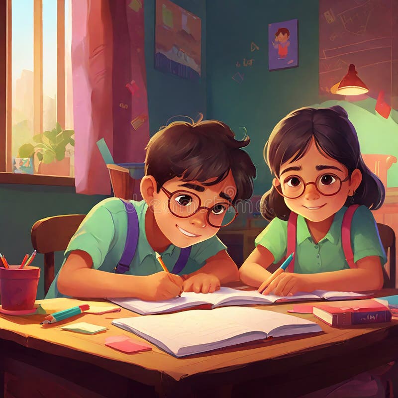 Children Doing Homework Together at School Stock Illustration ...