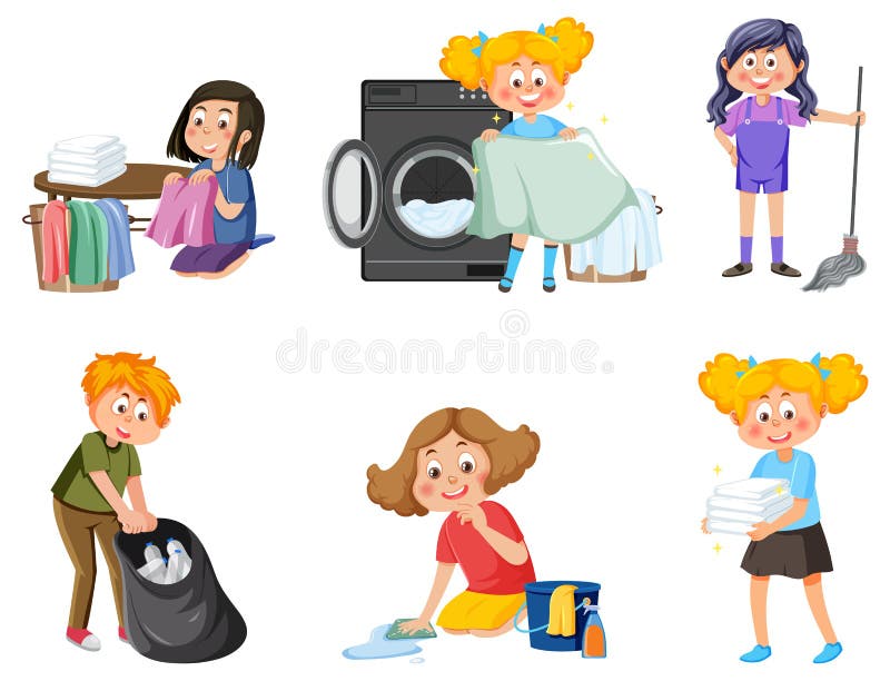 Children Doing Housework Characters Set Stock Vector - Illustration of ...