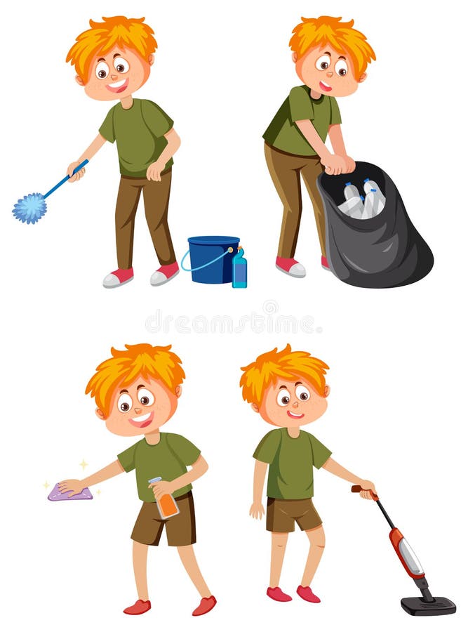 Children Doing Housework Characters Set Stock Vector - Illustration of ...