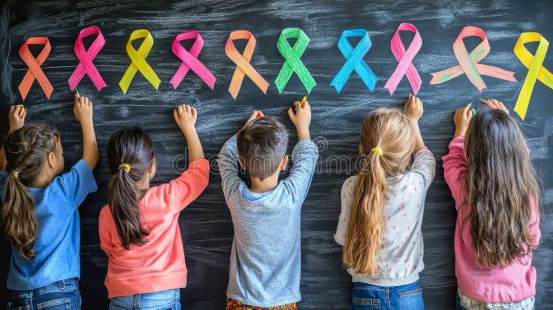 Children Draw Colorful Awareness Ribbons on Blackboard Stock ...