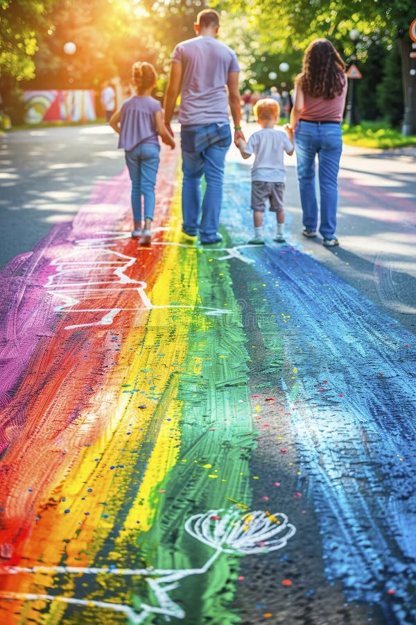 Children Draw a Rainbow on the Asphalt with Chalk. Selective Focus ...