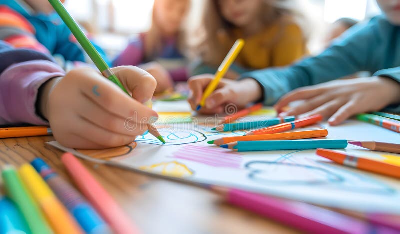 Children Draw at School with Pencils Stock Photo - Image of child ...