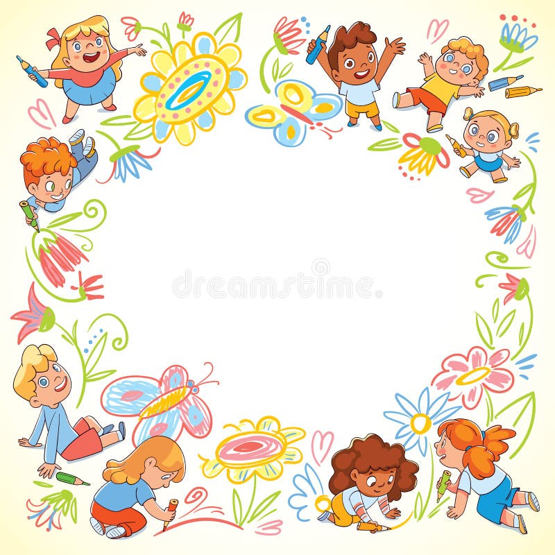 Children Draw Scribbles on the Floor with Colored Crayons. Kids ...