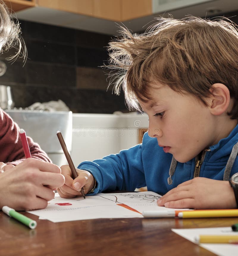 Children Drawing on Sheets of Paper with Pencils and Markers, Sitting ...