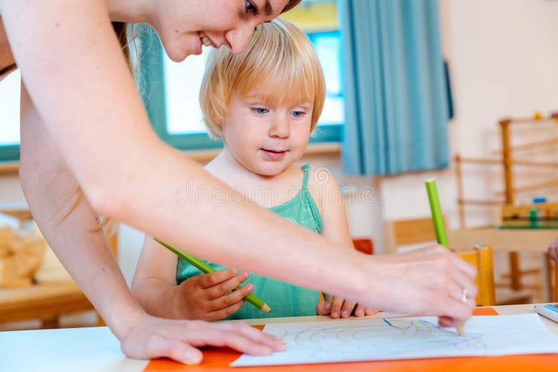 Children Drawing with Pencils in Play School Stock Photo - Image of ...