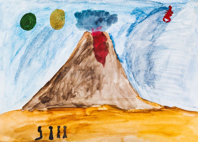 Children Drawing - People Near Active Volcano Stock Illustration ...