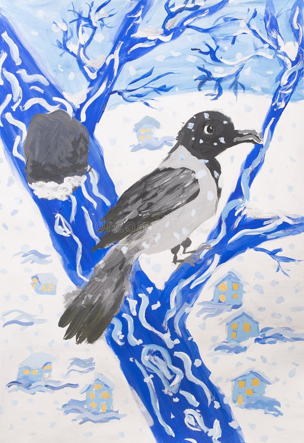 Children Drawing Winter View with Color Paint Stock Illustration ...