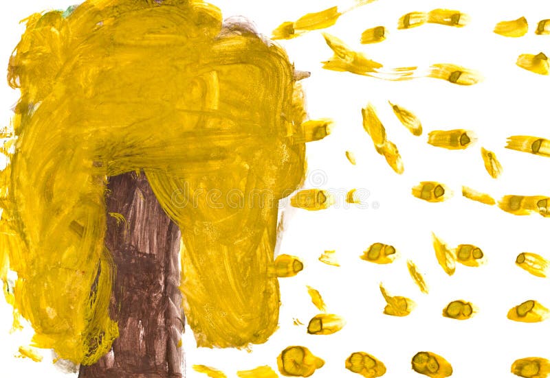 Children Drawing - Yellow Tree and Falling Leaves Stock Illustration ...