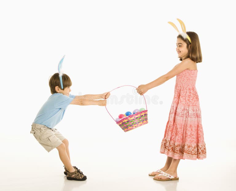 Children with Easter Basket. Stock Photo - Image of pulling, fight: 2771556