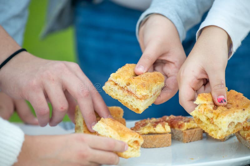Children Eating Fig Jam on Slices of Bread Outdoor Stock Image - Image ...