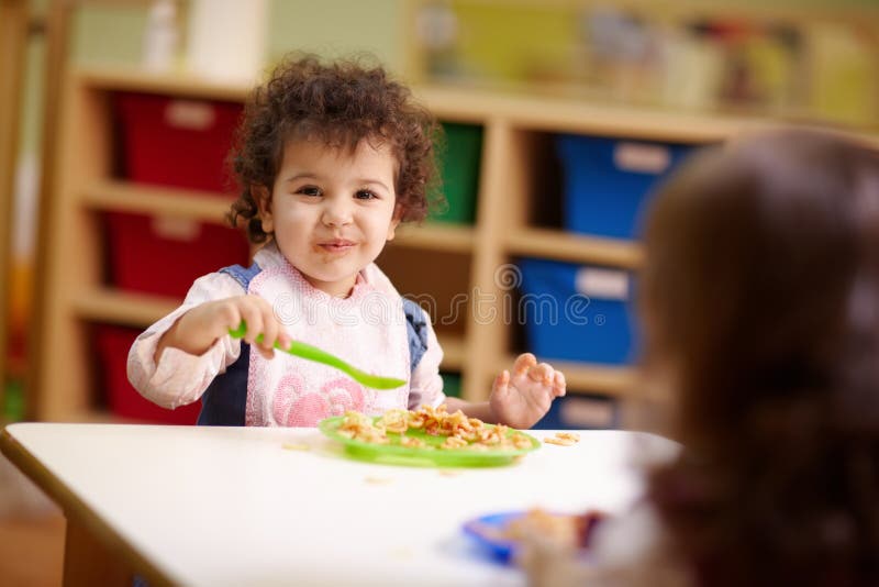 Children Eating Lunch in Kindergarten Stock Photo - Image of indoor ...