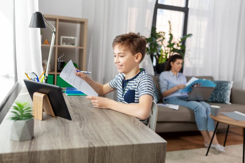 Student Boy with Tablet Computer Learning at Home Stock Image - Image ...
