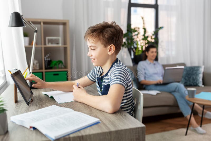 Student Boy with Tablet Computer Learning at Home Stock Photo - Image ...