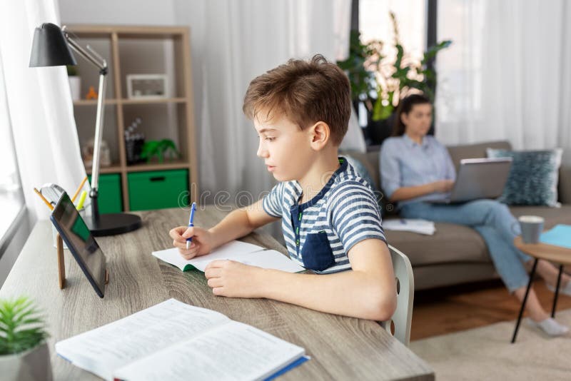 Student Boy with Tablet Computer Learning at Home Stock Image - Image ...