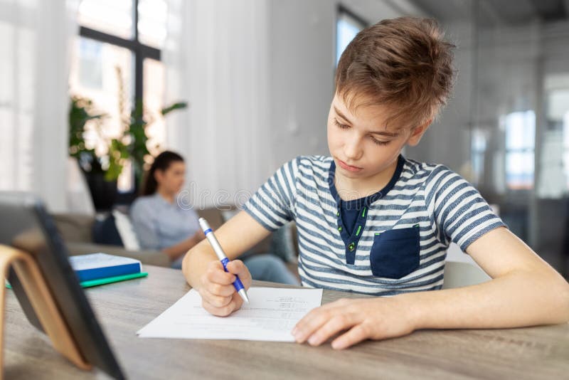 Student Boy with Tablet Computer Learning at Home Stock Photo - Image ...